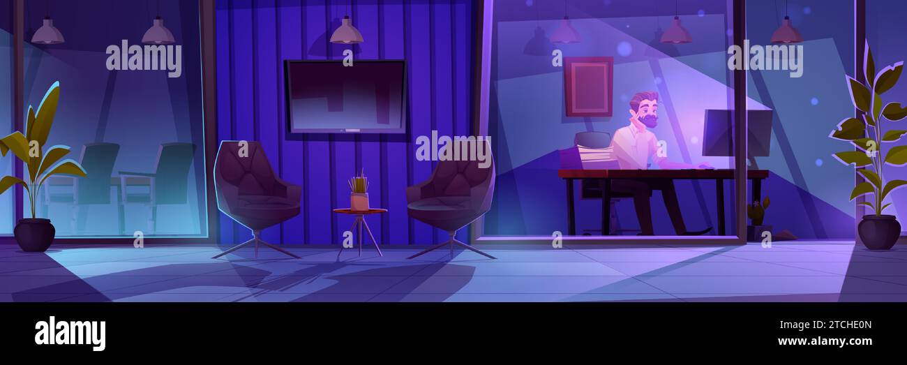 Tired man work overtime in office - young businessman sits in dark ...