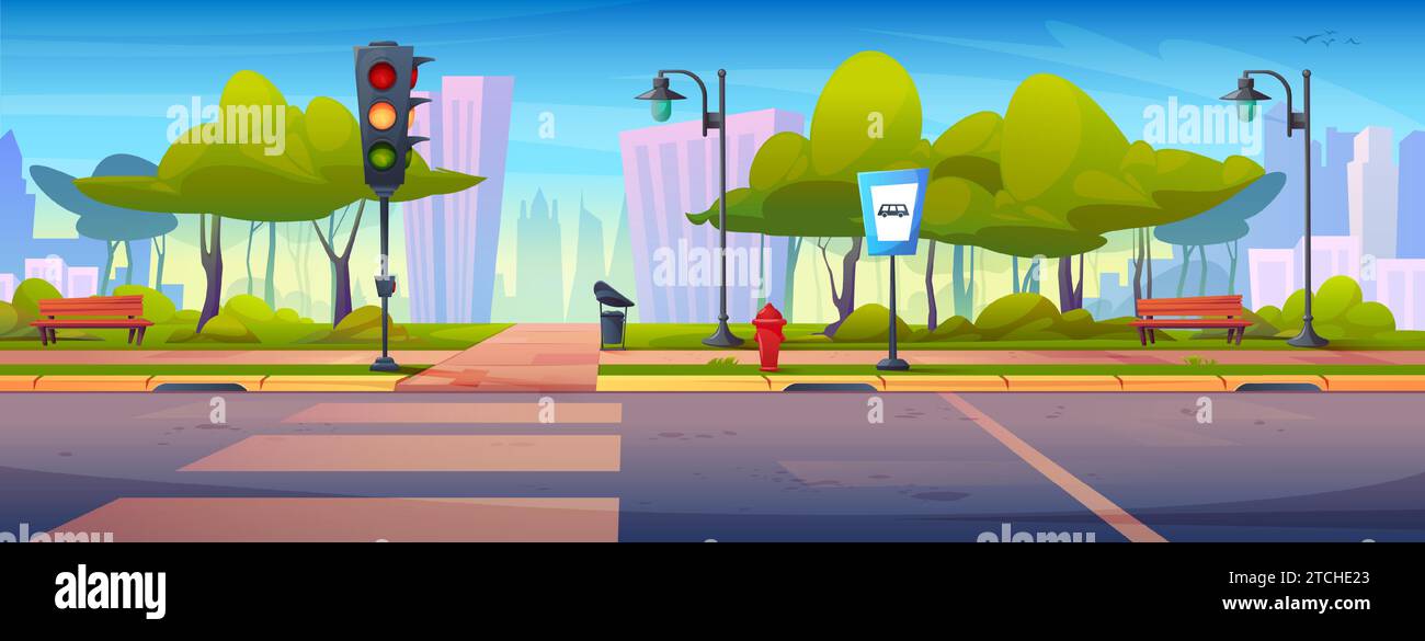 City street with road crossing and green park. Vector cartoon ...