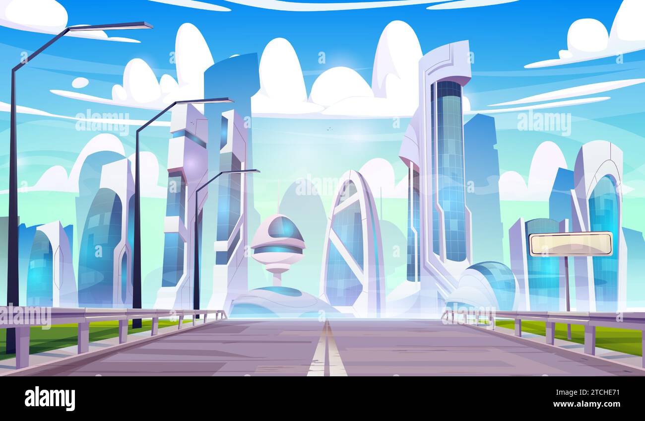 Road leads to futuristic city with unusual fantastic multistorey ...