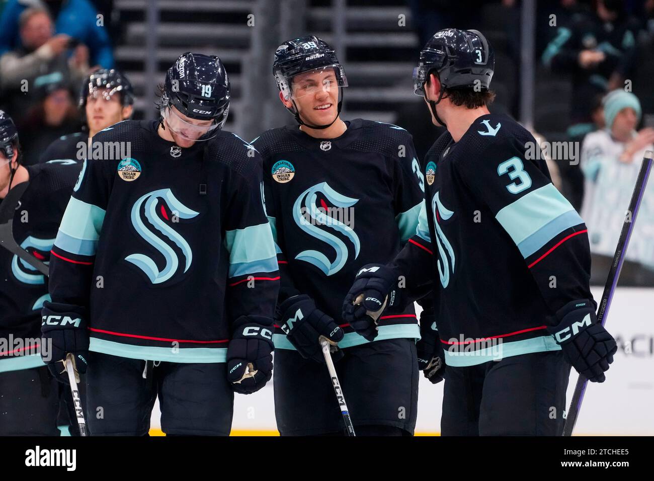 Seattle Kraken defenseman Ryker Evans (39) celebrates a win against the ...