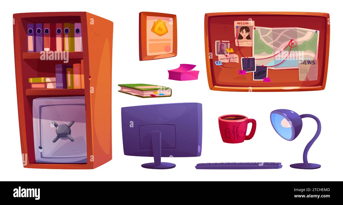 Detective office or police room interior furniture collection. Cartoon ...