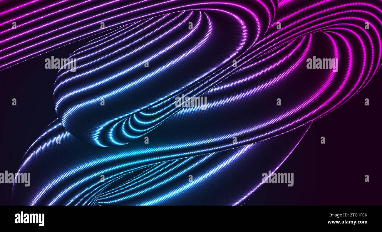 Blue and ultraviolet neon laser glowing curved fluid waves abstract ...