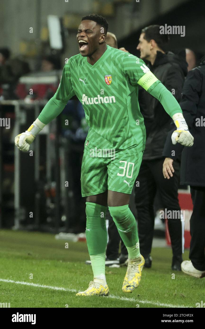 Lens goalkeeper Brice Samba celebrates the second goal of his team ...