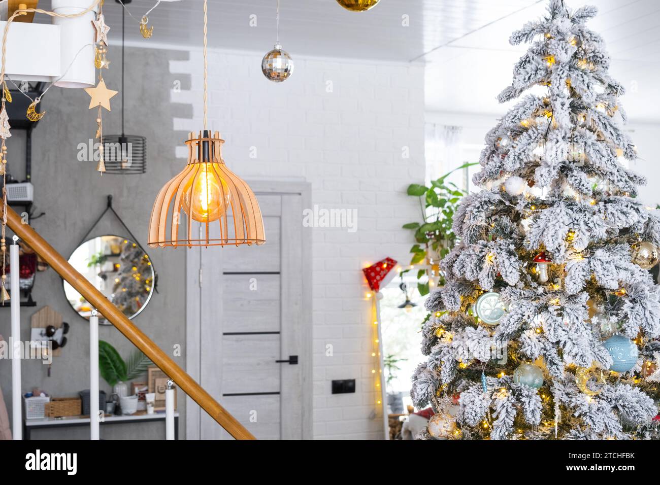 Festive Christmas decor in the hallway in the loft style with a retro ...