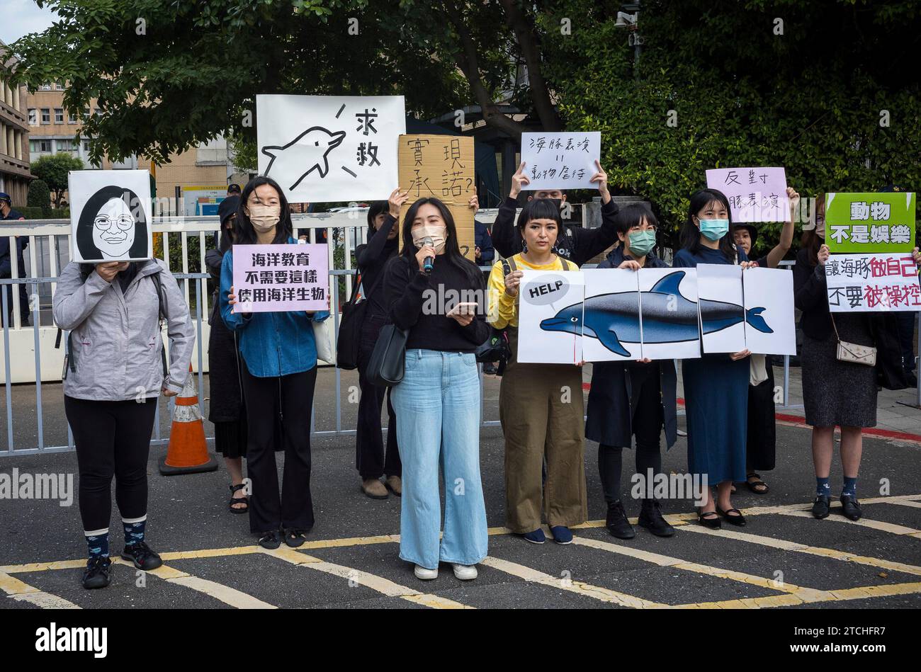 Activists hold signs protesting dolphin performances outside the ...