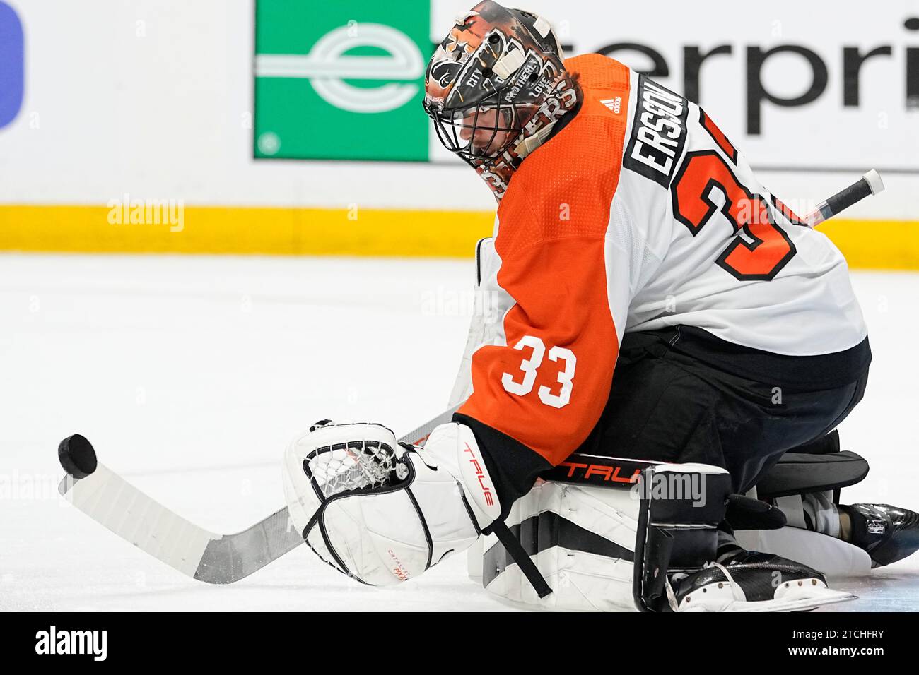 Philadelphia Flyers goaltender Samuel Ersson (33) warms up for the team ...