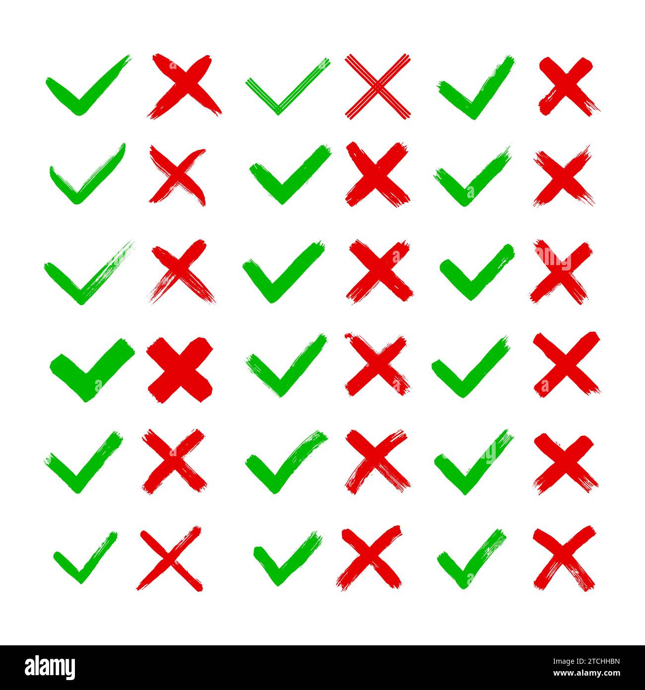 Dirty grunge hand drawn with brush strokes cross X and tick OK check ...