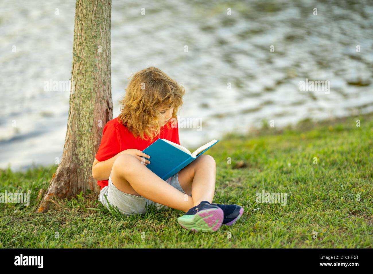 Outdoor portrait of a cute little kid reading a book in summer park ...