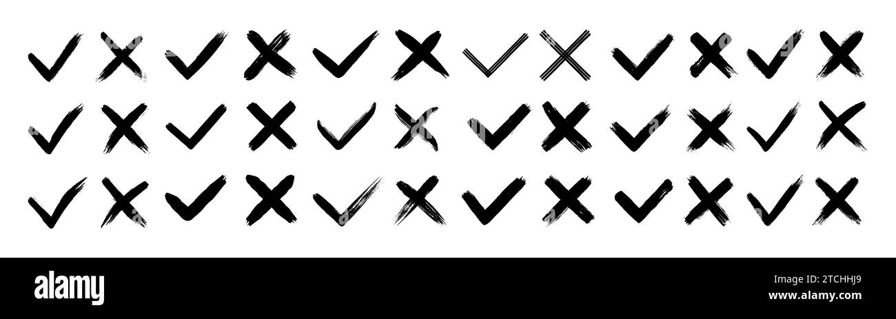 Dirty grunge hand drawn with brush strokes cross X and tick OK check ...