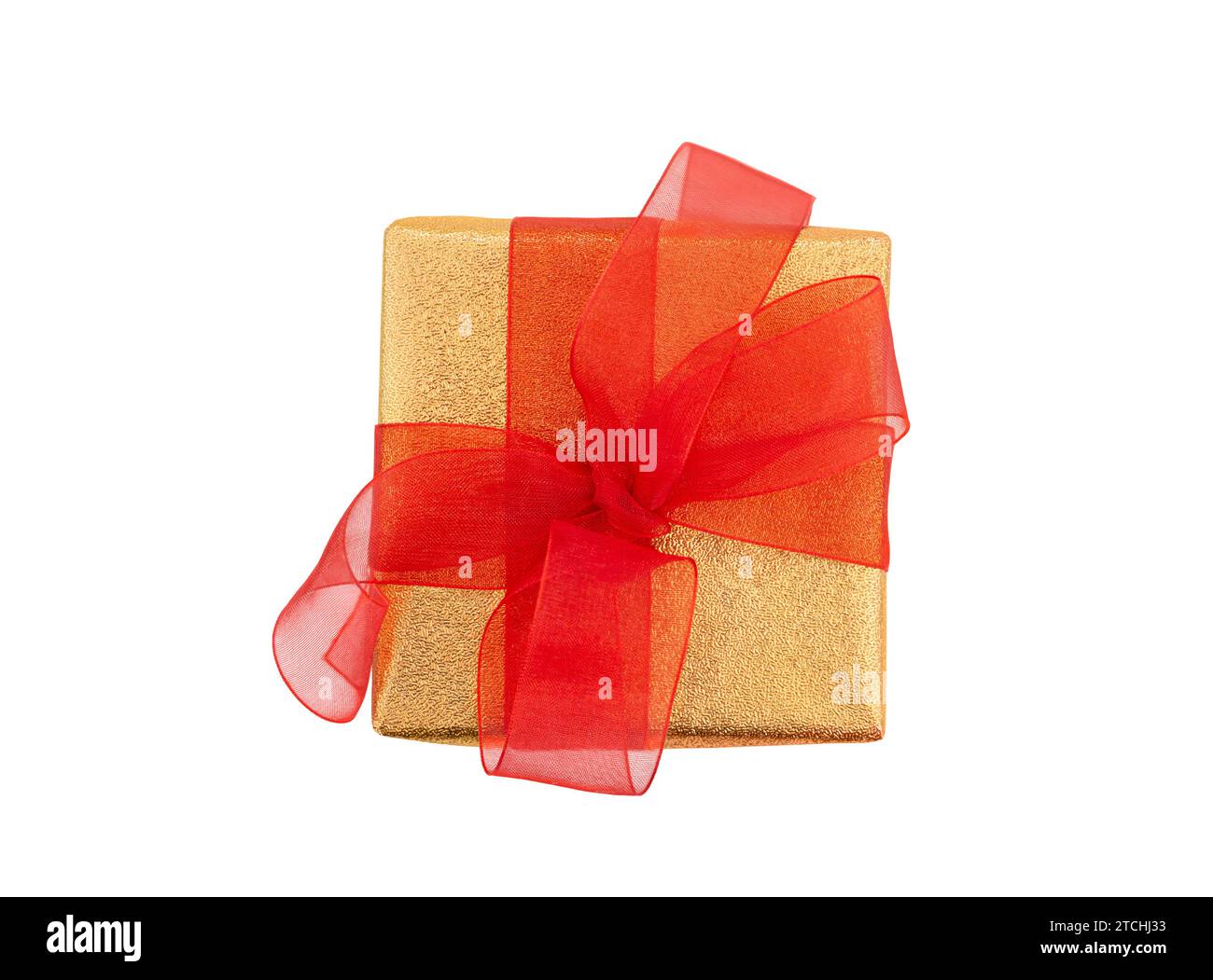Gift golden shiny box with red bow on white isolated background ...