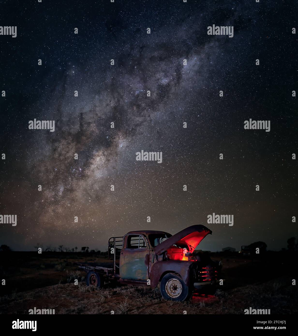 Milky Way core rising above an old farm wagon Stock Photo - Alamy