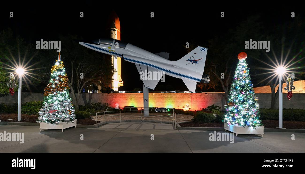 The "Rocket Tree Trail" and a NASA T-38 aircraft stand at the Kennedy ...