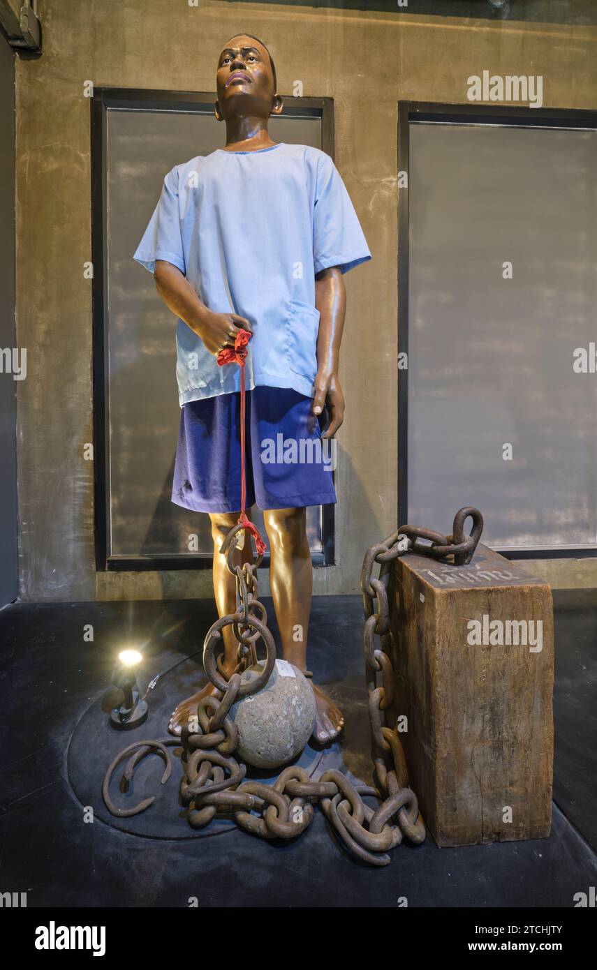 A display of a typical prisoner chained to a land anchor. The weight is ...