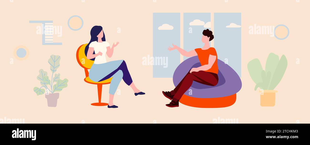 A woman interviews a man in a room with a window. Friendly conversation ...