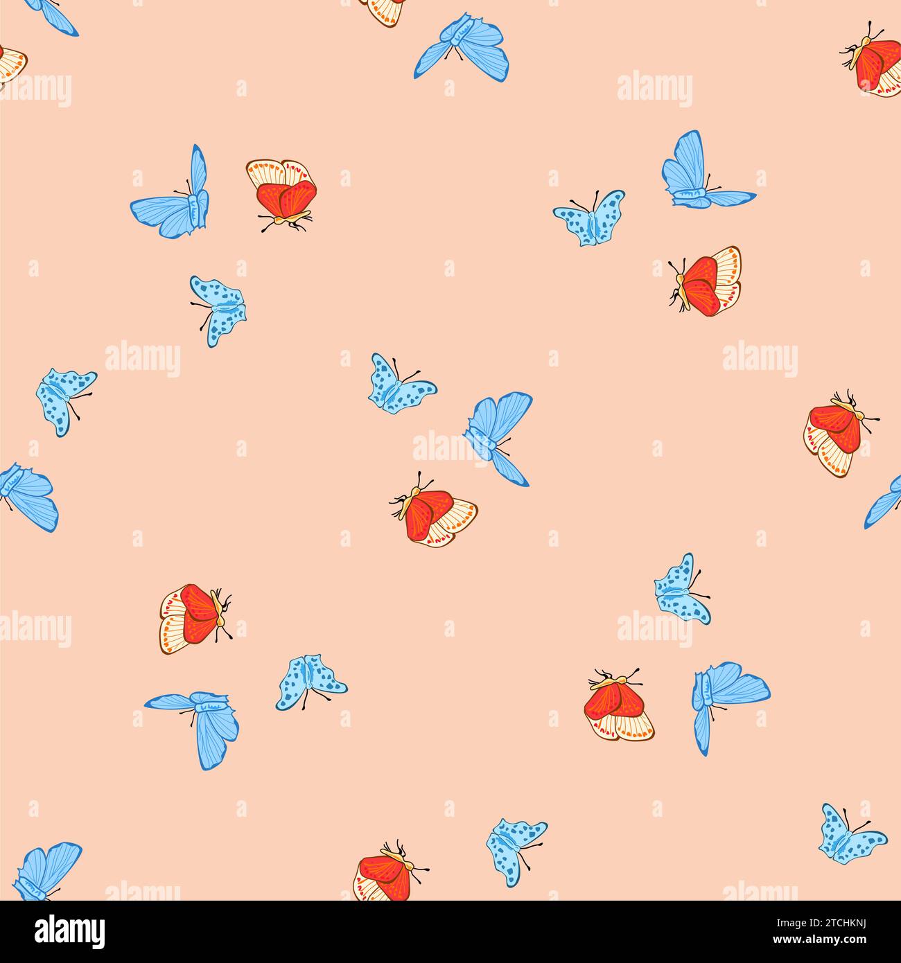 Seamless pattern. Red and blue butterflies on a peach background ...
