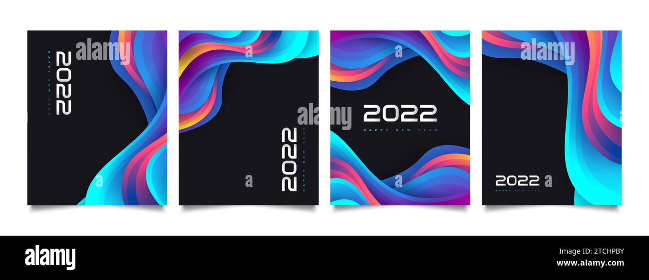 Happy New Year 2022 Poster Set with Colorful Wave Background Design ...