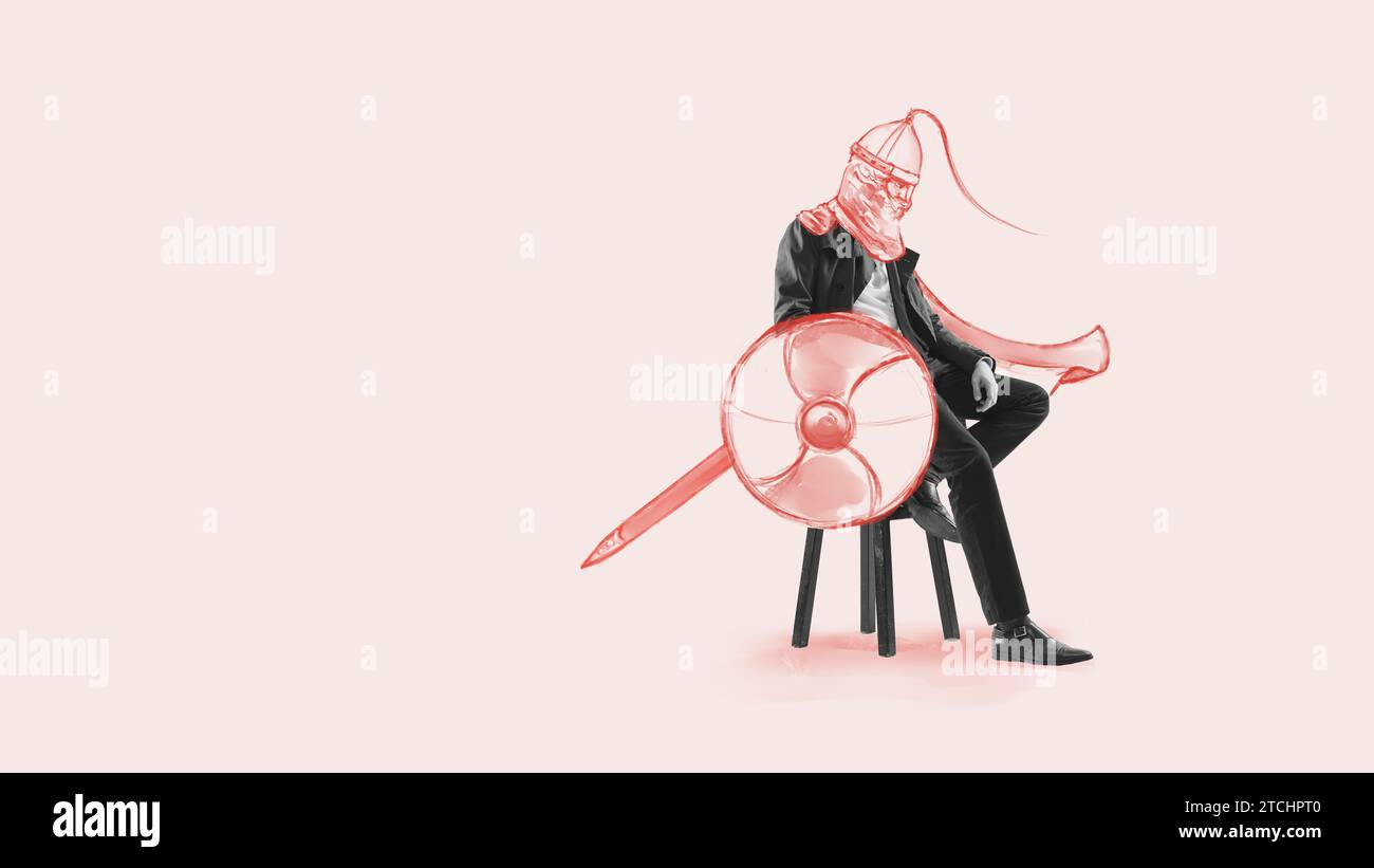 Businessman in image of knight with drawn elements, head and shield ...