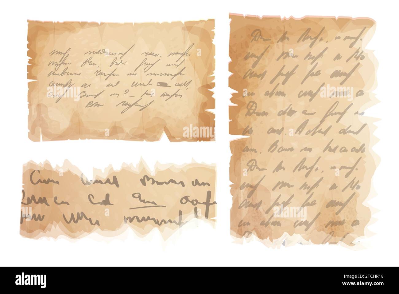 Set Parchment paper, torn pieces, old sheetwith unreadble scrit in ...