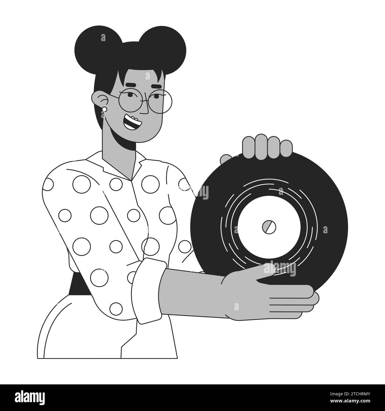 African American Girl Showing Vinyl Record Black And White 2d Line