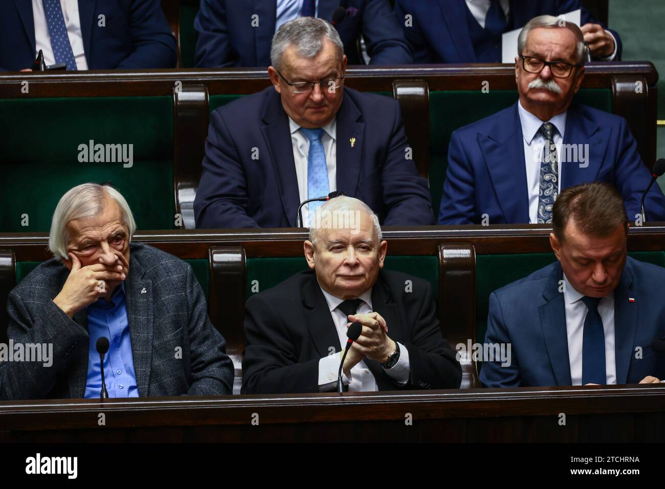 Warsaw, Poland. 12th Dec, 2023. Jaroslaw Kaczynski (center), the leader ...