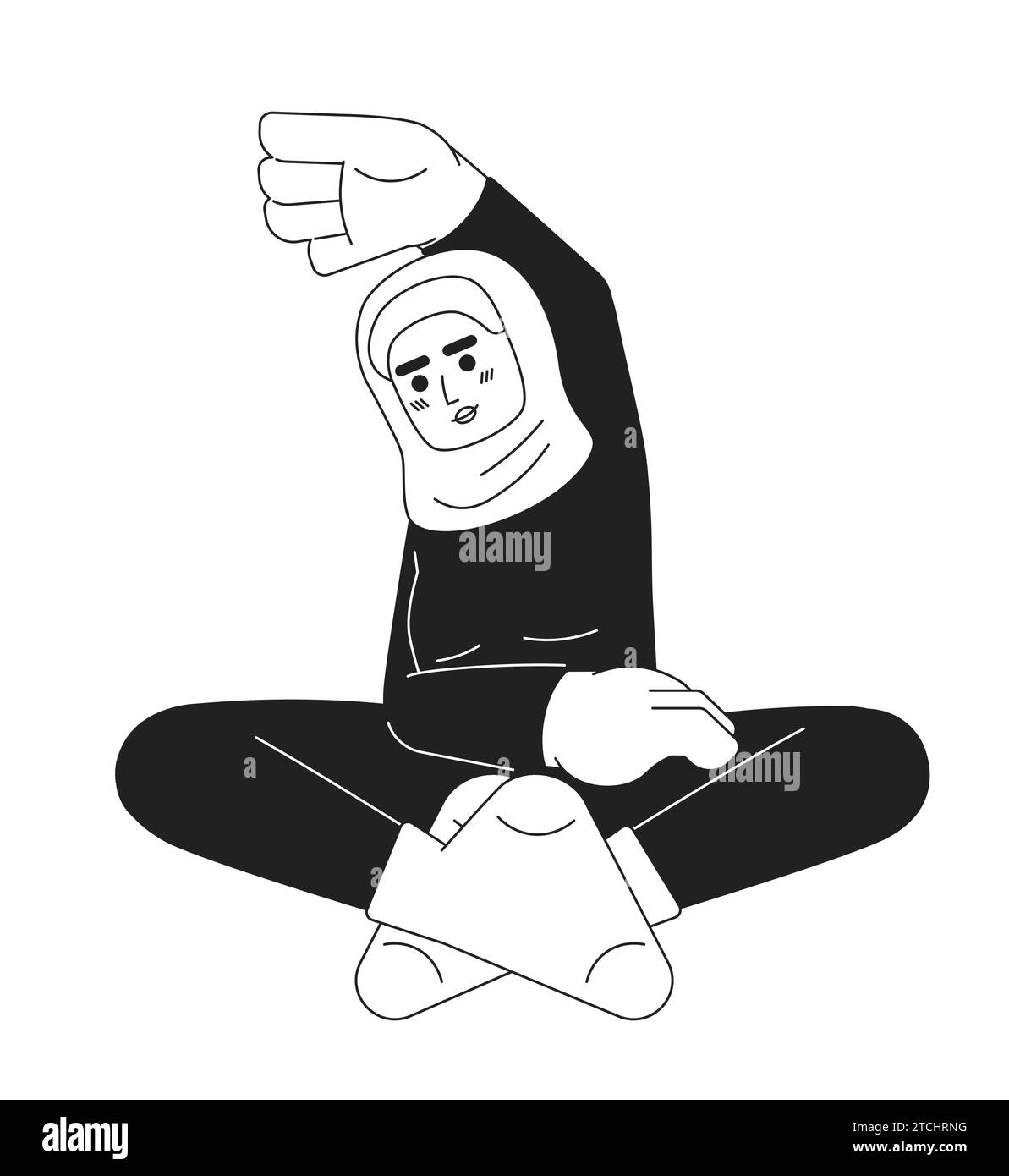 Muslim female exercising flexibility black and white 2D cartoon ...