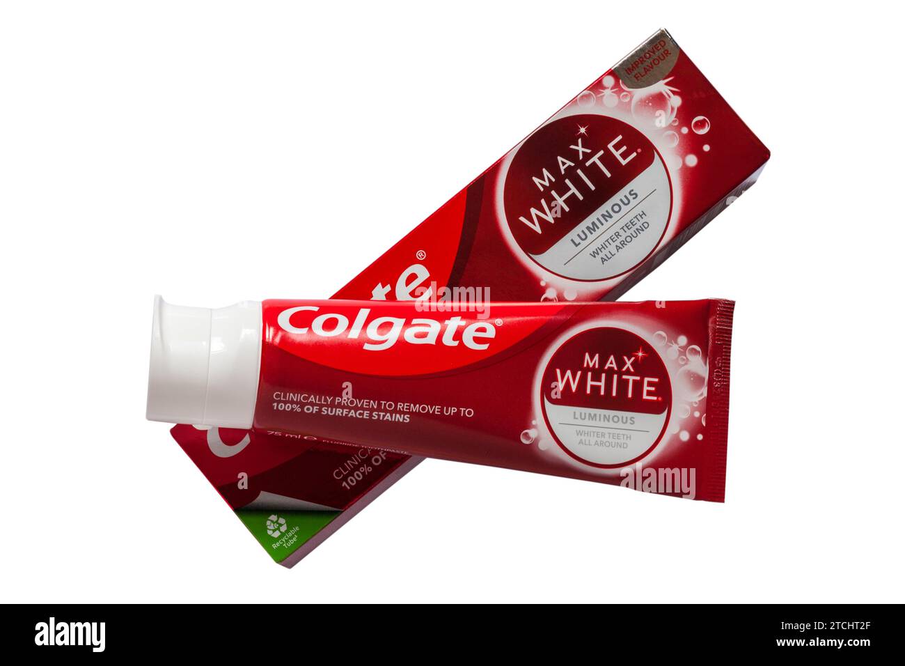 Tube of Colgate Max White Luminous Fluoride Toothpaste on box ...