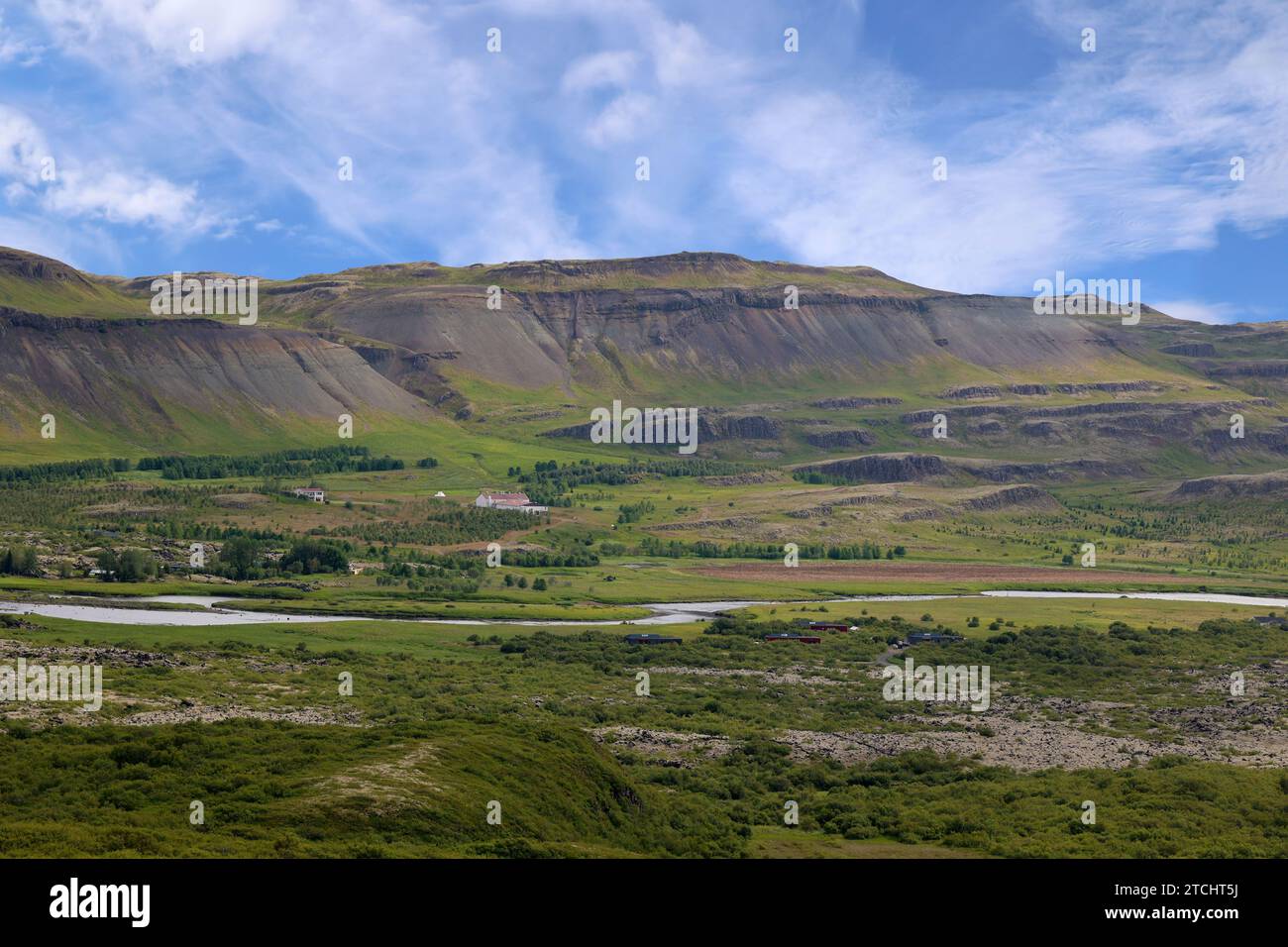 Icelandic landscape seen from extinct volcano crater Grabrok-Island ...
