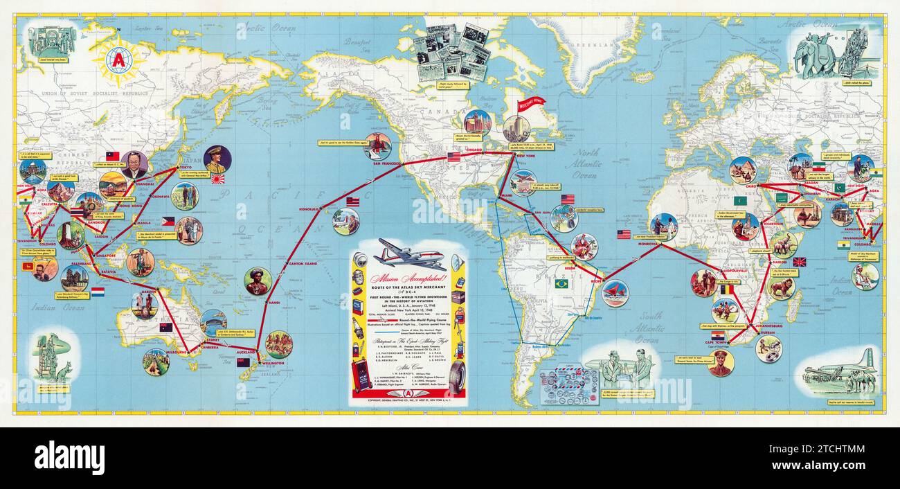 Vintage american travel poster - Route of the Atlas Sky Merchant DC-4 ...