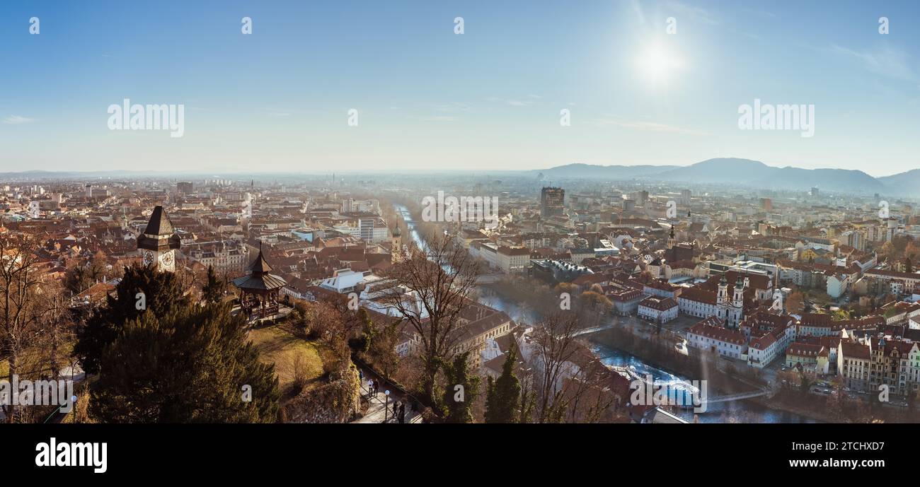 Graz, Styria Austria, 20.01.2019: Wide panorama of Graz City, City ...