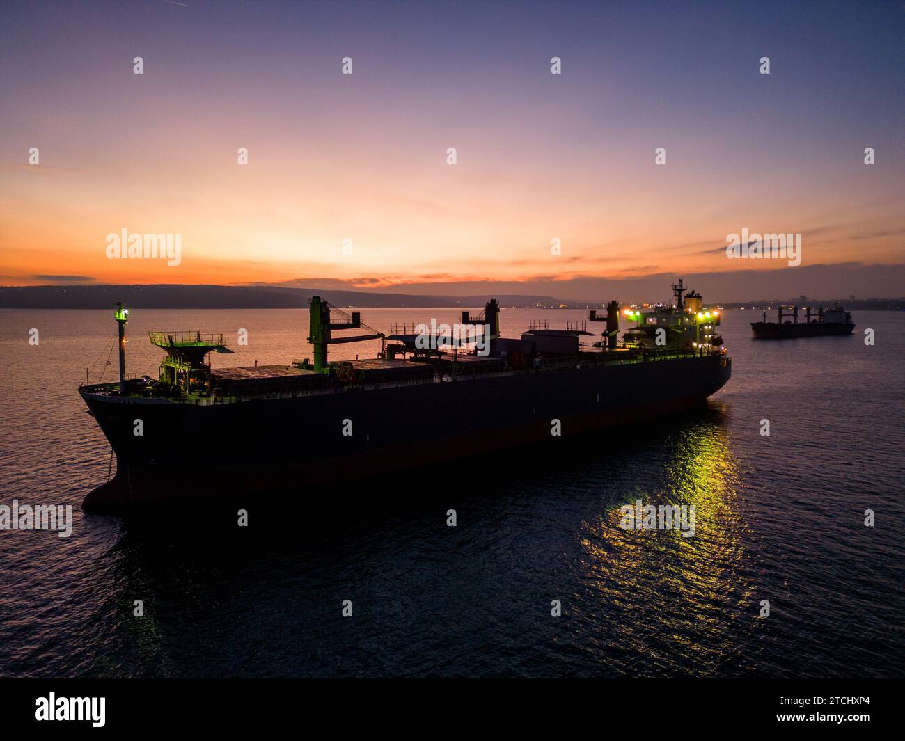 A massive cargo ship wood chips carrier in the sea, aerial view Stock ...