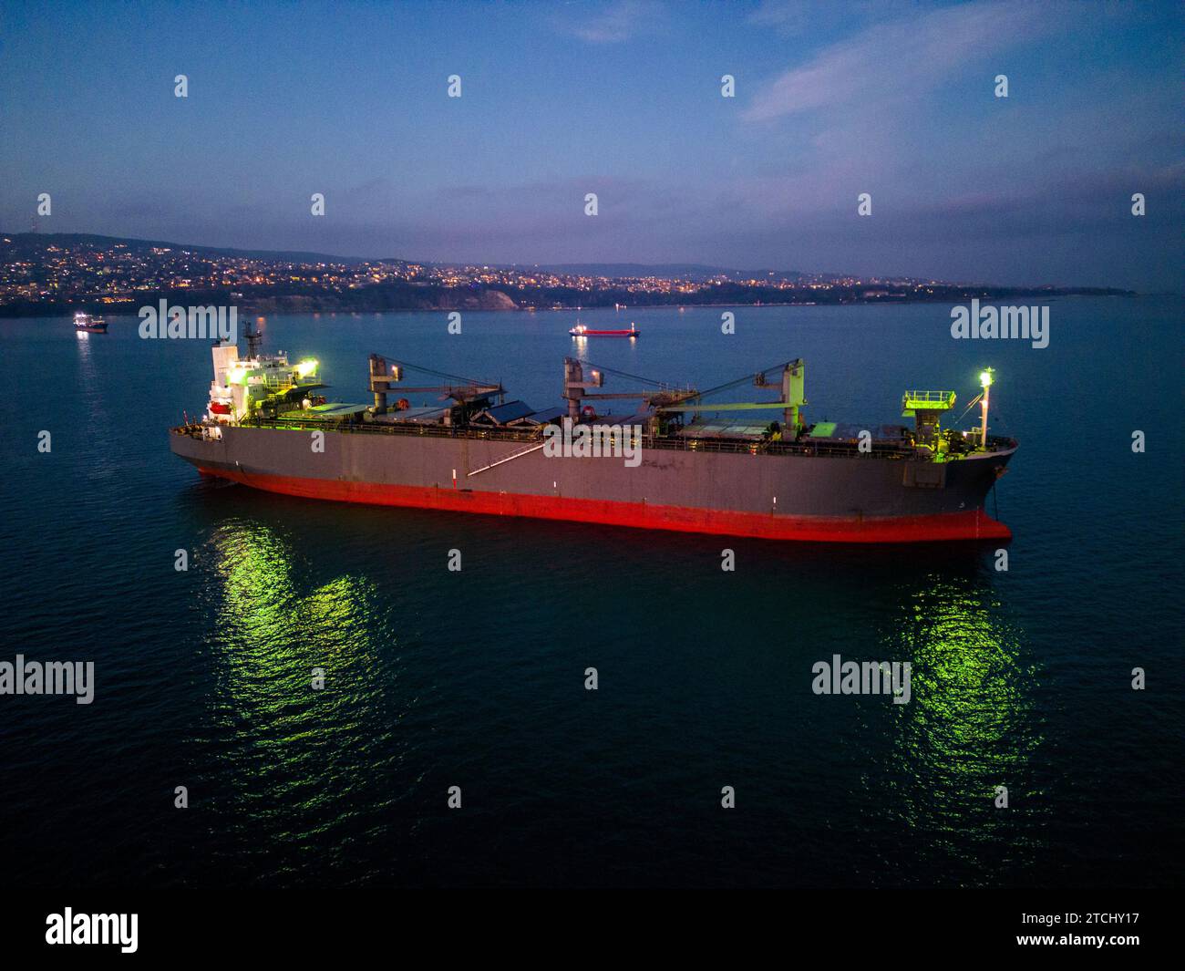 A massive cargo ship wood chips carrier in the sea, aerial view Stock ...