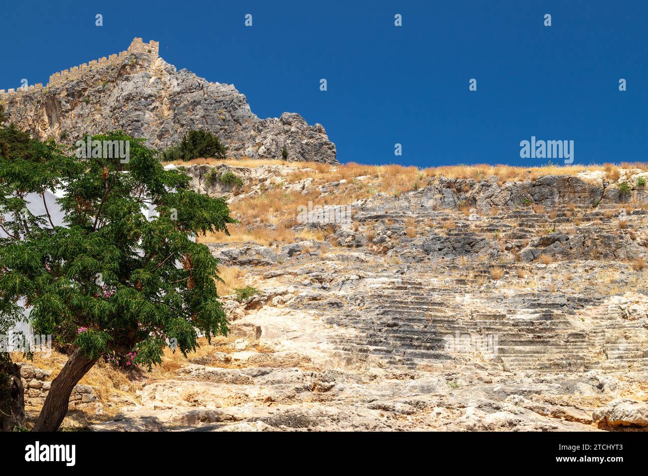 Ancient amphitheater excavations in Lindos on Greek island Rhodes Stock ...