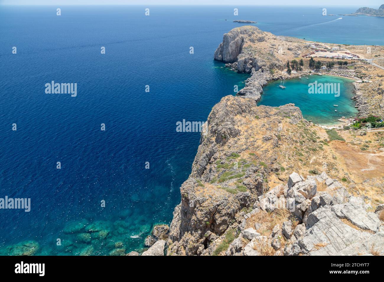 Scenic view from the acropolis of Lindos at the coastline of the ...