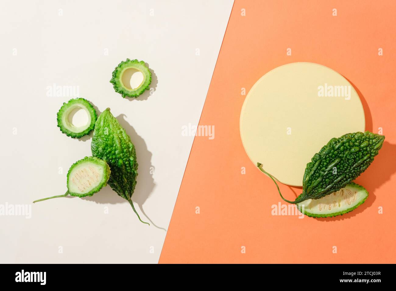 The frame is divided into two halves with two colors: bitter melon ...