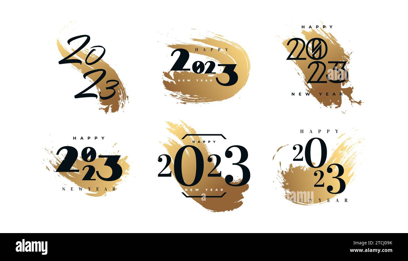 Set of 2023 Happy New Year Logo Text Design with Golden Brush. 2023 ...