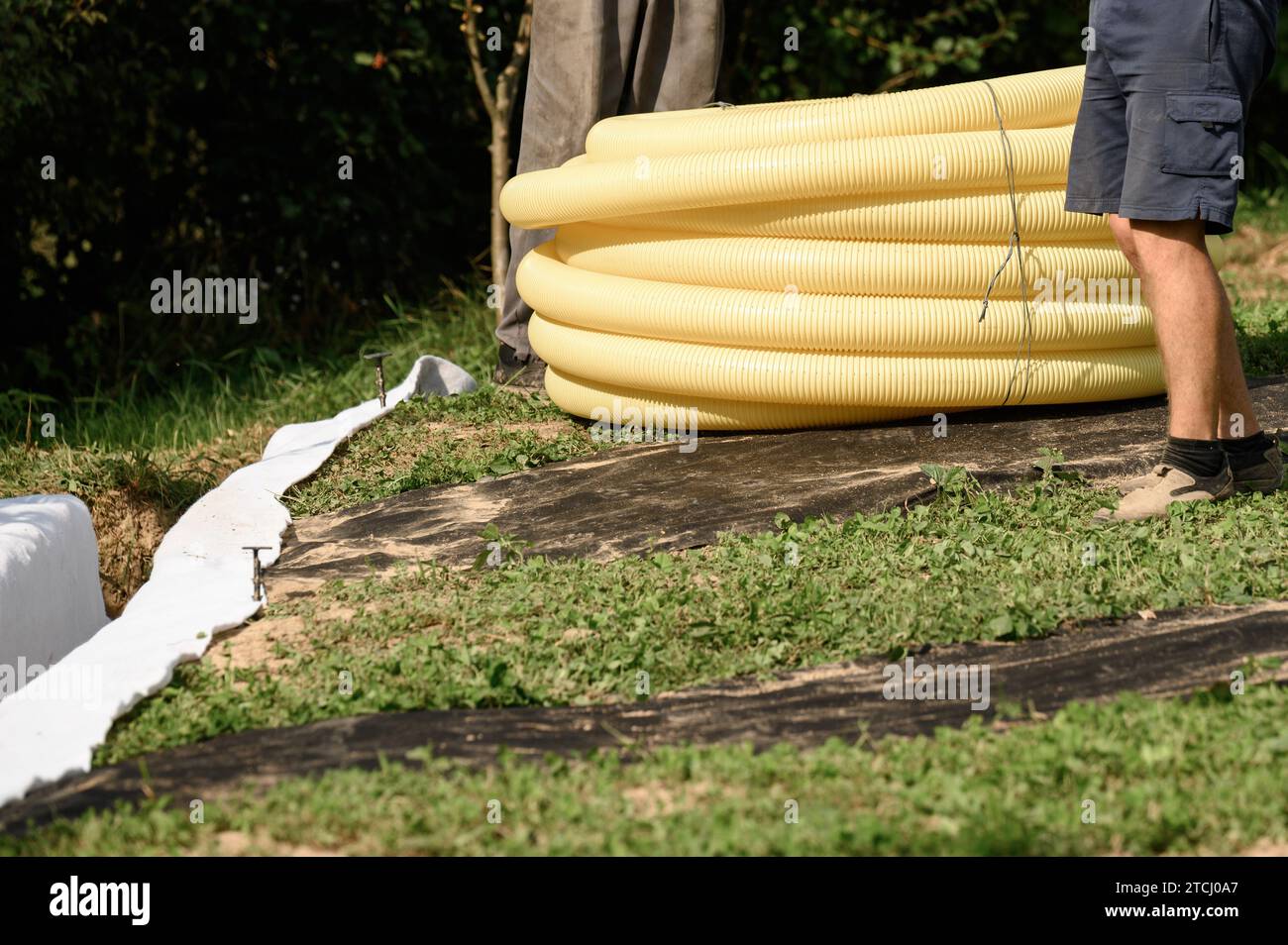Workers carry a roll of yellow drainage pipe in their hands ...