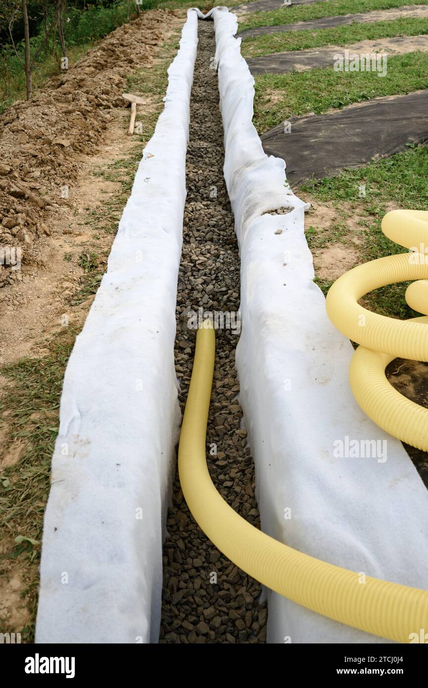 Yellow corrugated pipe with perforation in a trench with crushed stone ...