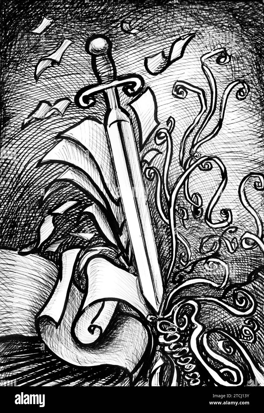 Ink drawing illustration of a sword splitting paper Stock Photo - Alamy