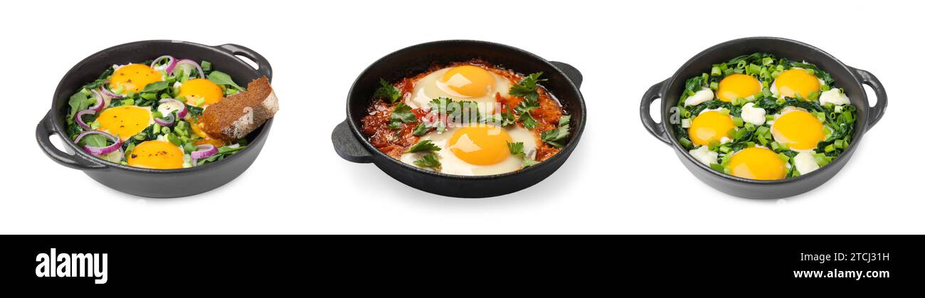 Delicious shakshuka in frying pans isolated on white, set Stock Photo ...