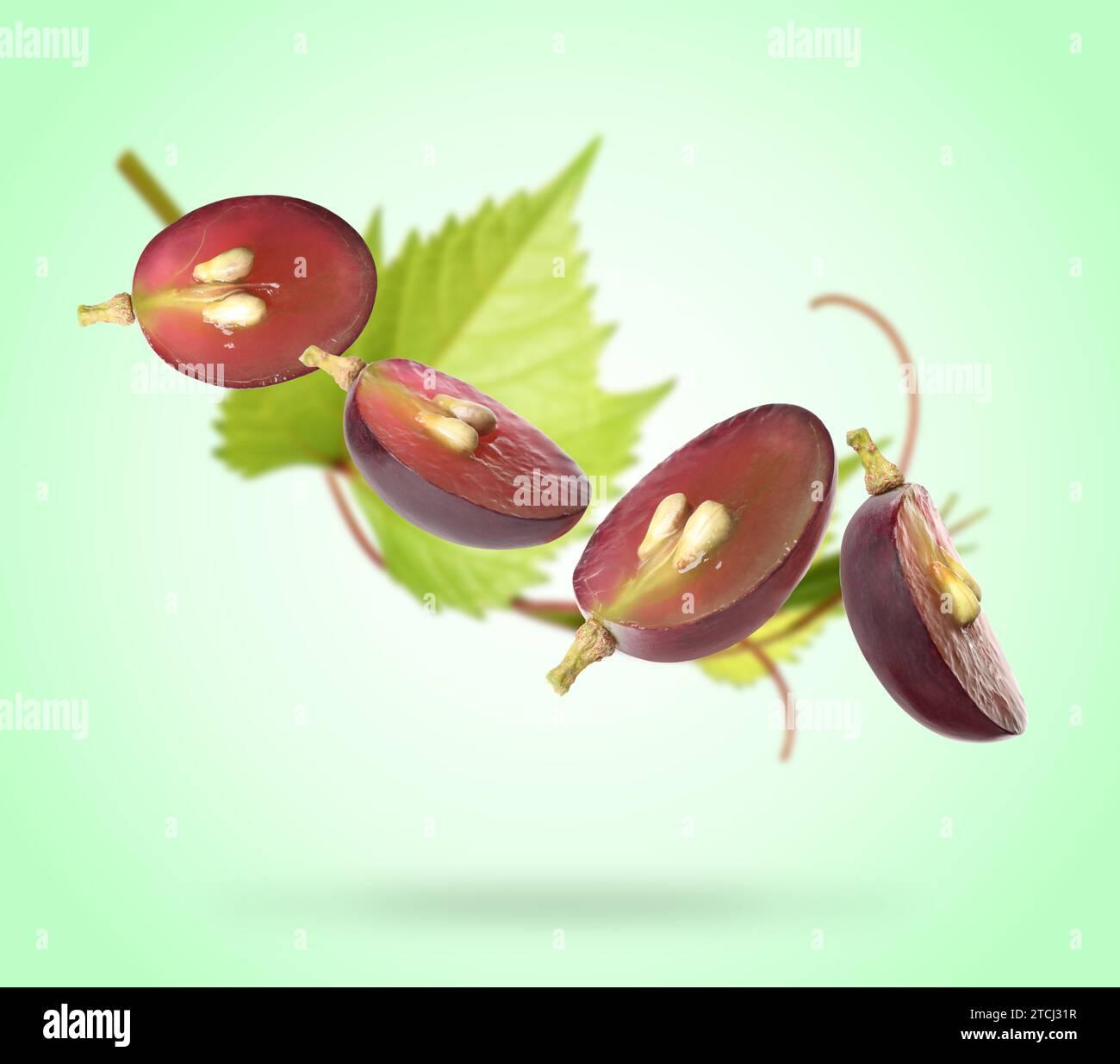 Fresh red grapes and leaves falling on light green background Stock ...