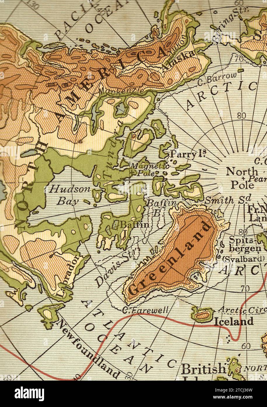 Vintage geographical map in sepia showing Greenland, North America and ...