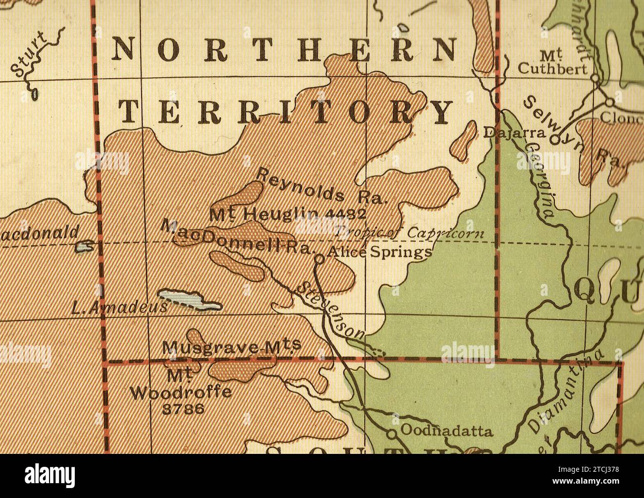 Vintage geographical map in sepia showing the Northern Territory ...