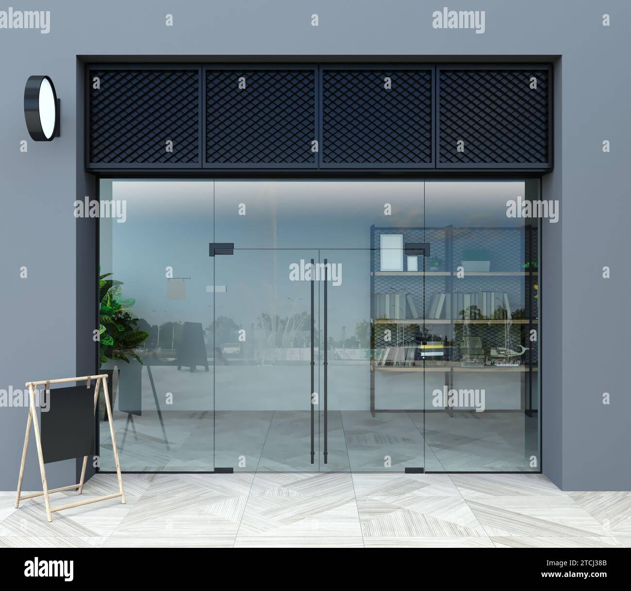 3d illustration. Glass partition and doors in office or shop hall Stock ...