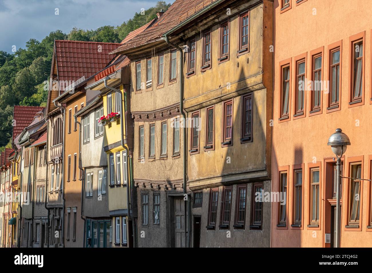 Street with facades of historical half-timbered houses in Wasungen ...