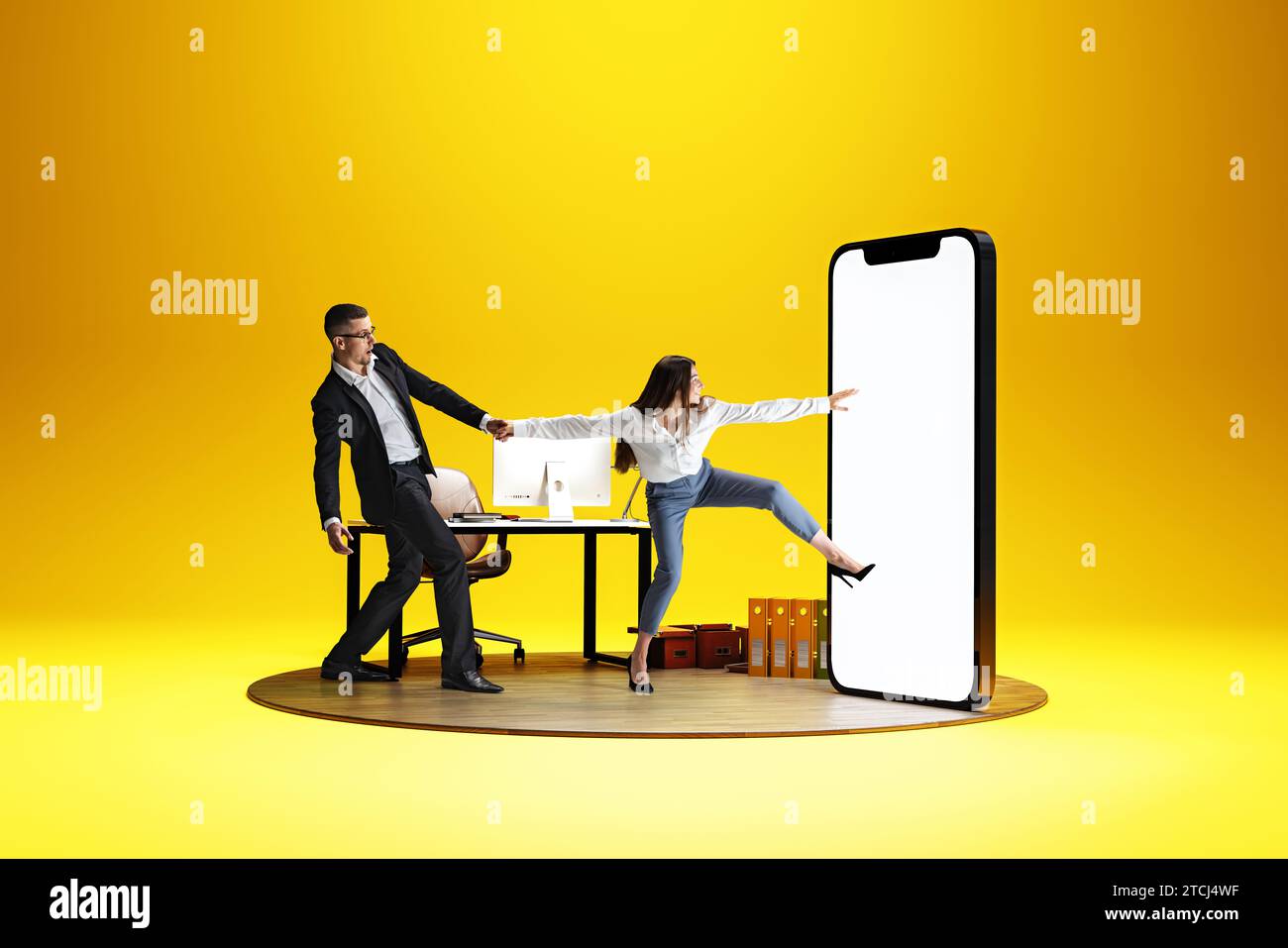 New business opportunities. Young woman holding man's hand and stepping ...
