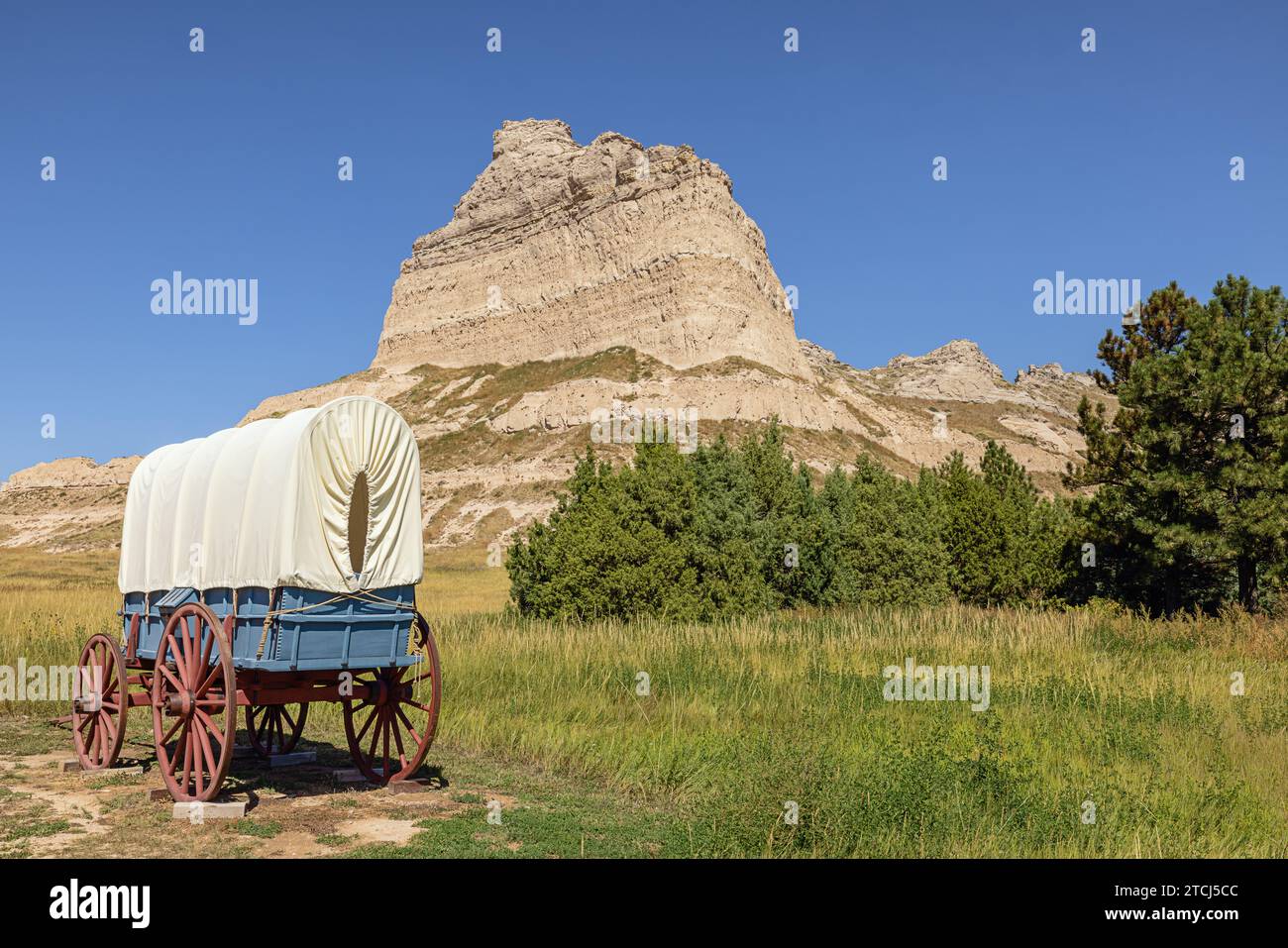 Wagon on display along the Oregon Trail at the entrance of the Mitchell ...