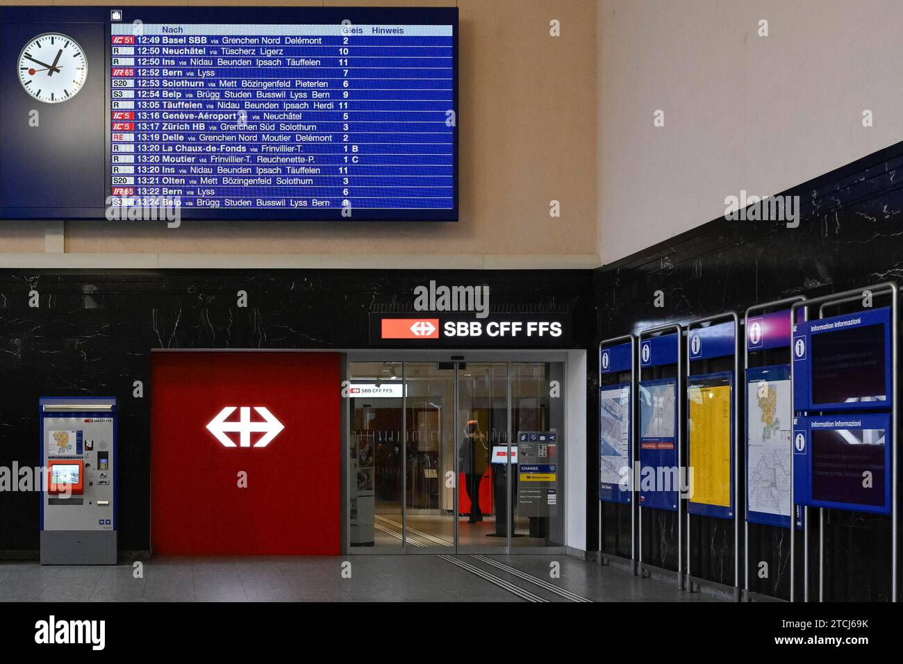 Station entrance SBB ticket counter Digital timetable, Biel, Switzerland Stock Photo - Alamy
