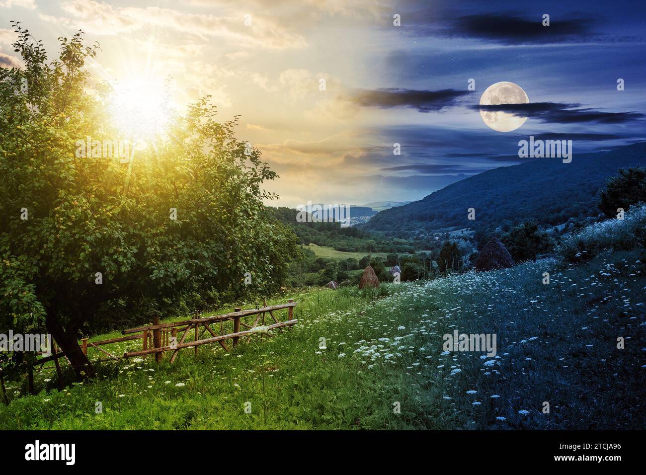 rural landscape with sun and moon at twilight. fence near the apple ...