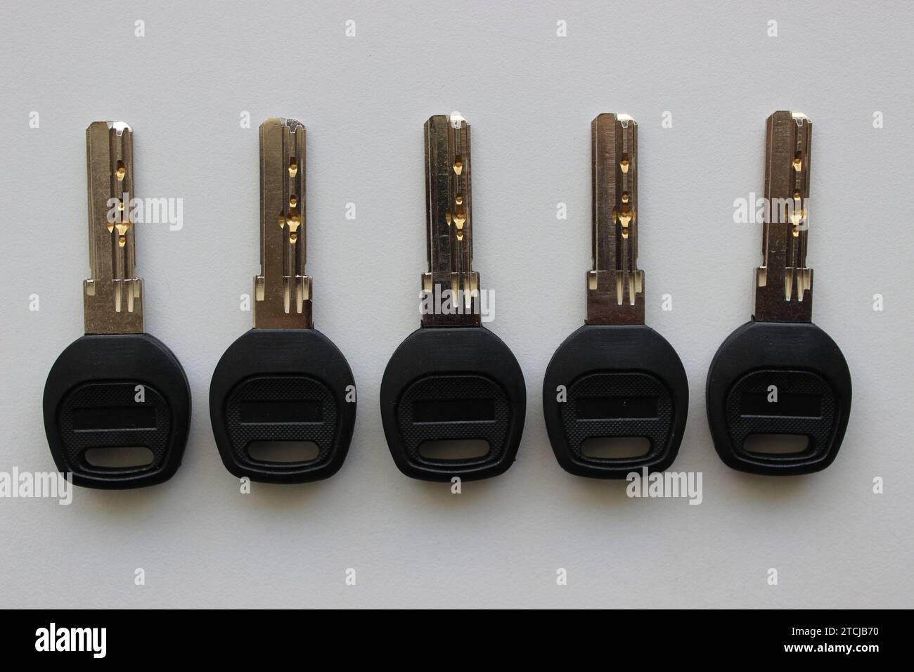 Same Steel Lock Keys With Plastic Heads Laid Out In A Row On White ...