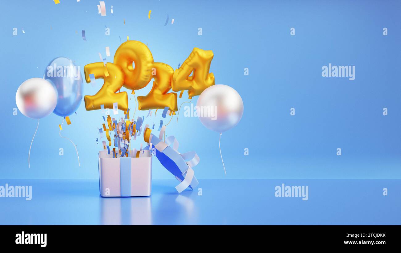 Christmas and New Year 2024 greeting card with open gift box with ...